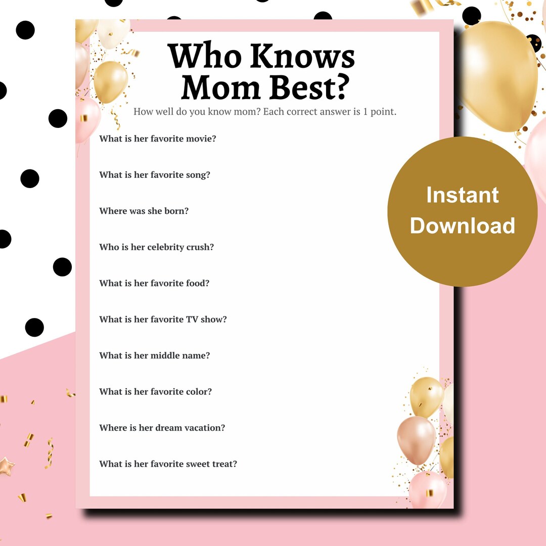 MOM BIRTHDAY GAME Birthday Party Game for Mom Who Knows Best Game ...