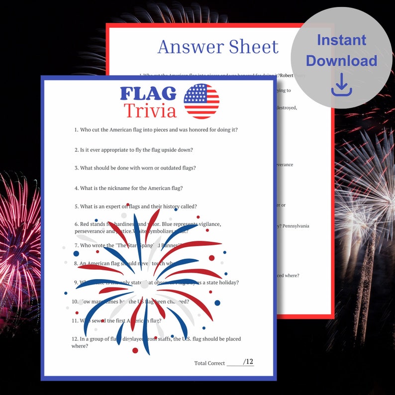 FLAG TRIVIA 4th of July 4th of July Trivia Activity Fourth of - Etsy