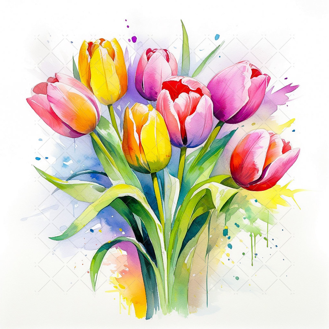 Watercolor Colorful Tulips Flowers Bundle Clipart, 10 High Quality Jpgs ...