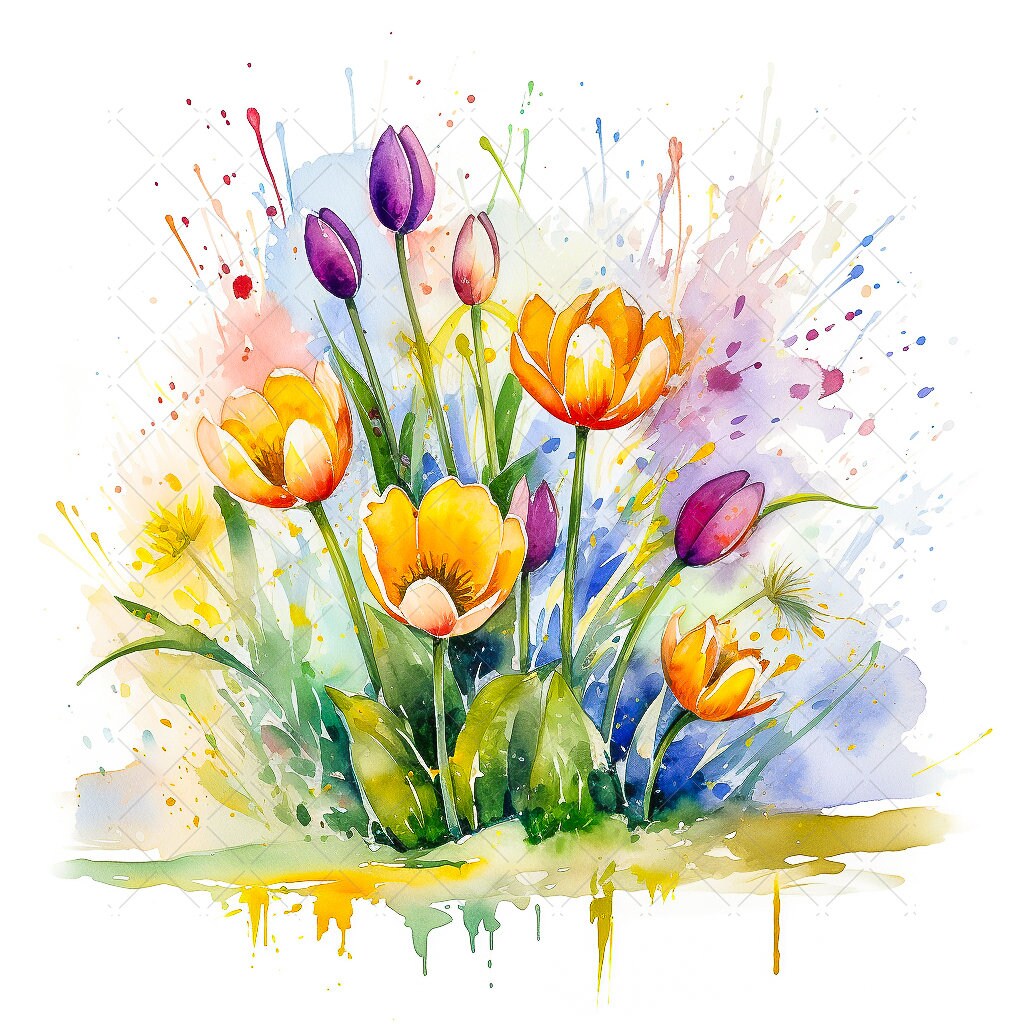 Watercolor Tulips Flowers in Flowerbed Bundle Clipart, 10 High Quality ...