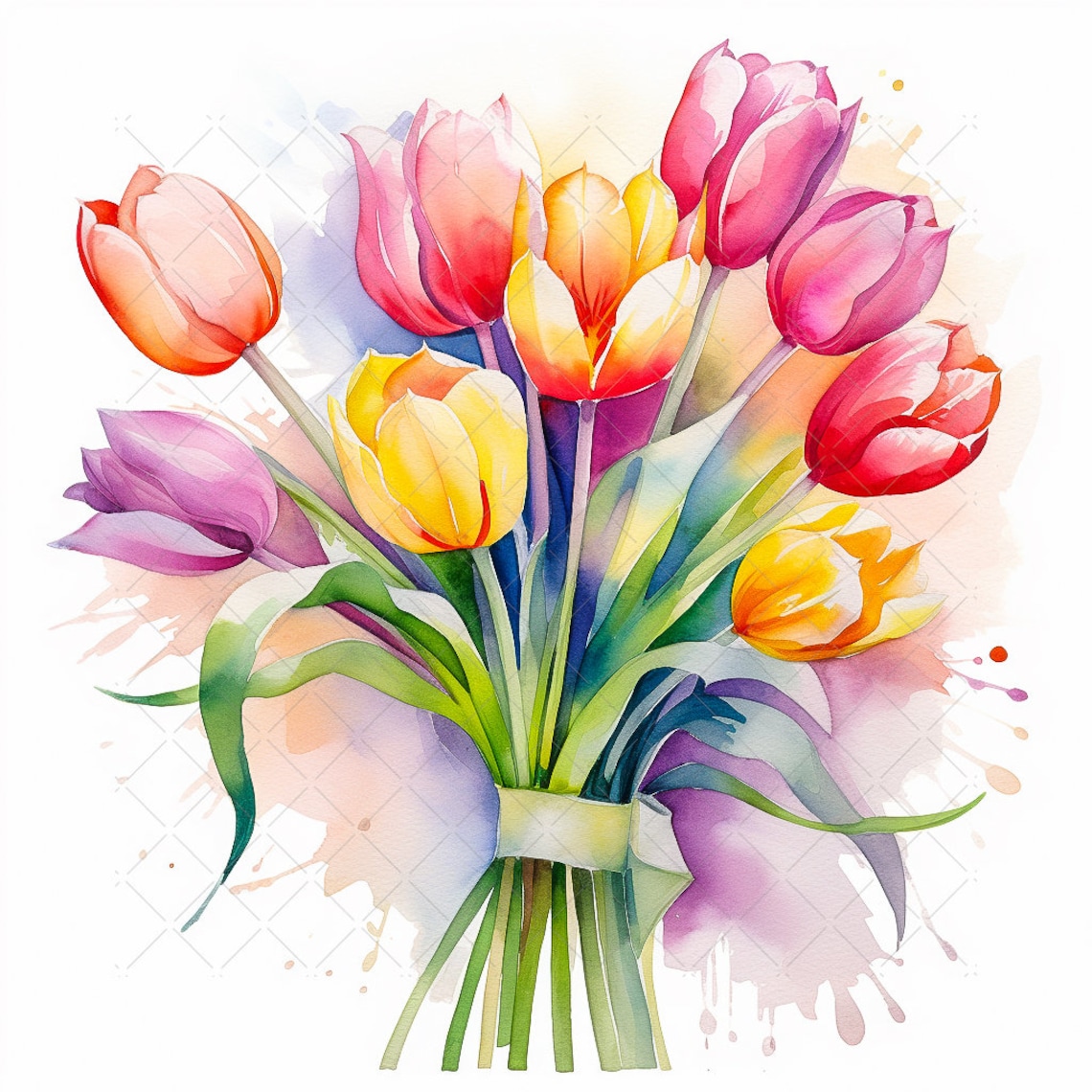 Watercolor Colorful Tulips Flowers Bundle Clipart, 10 High Quality Jpgs ...