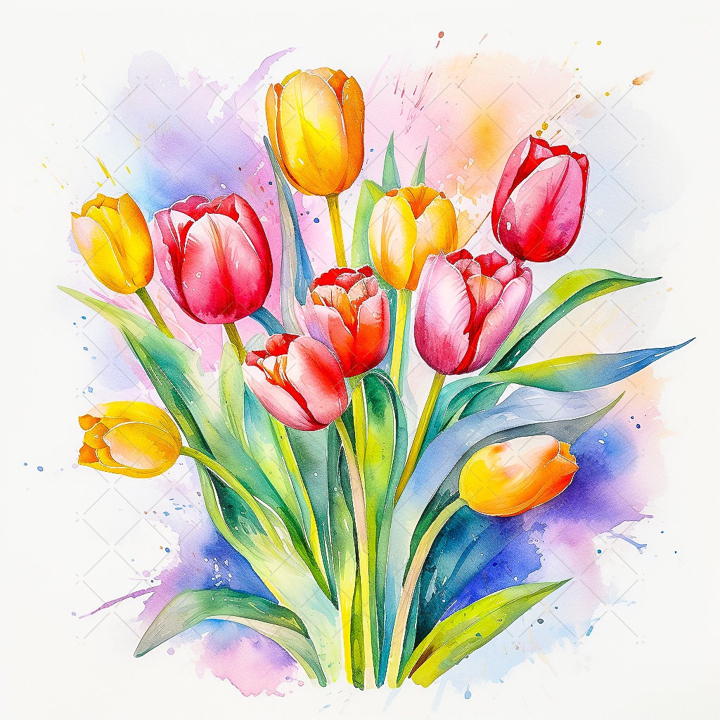 Watercolor Tulip Bouquet Clipart, Vibrant Floral Art (digital Download ...