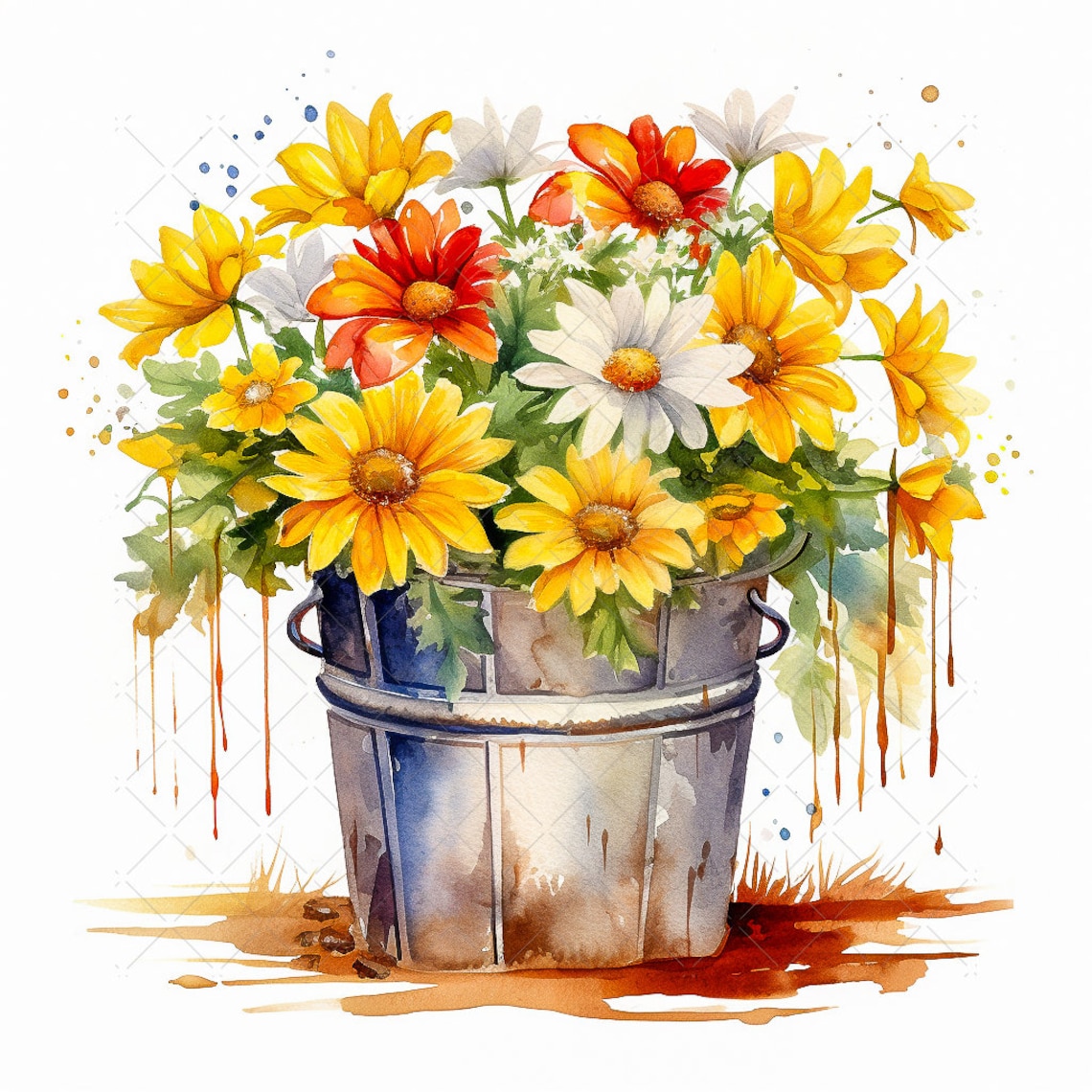 Daisies Flowers in Metal Bucket Bundle Clipart 10 High - Etsy