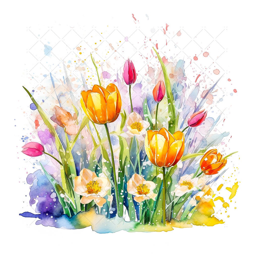 Watercolor Tulips Flowers in Flowerbed Bundle Clipart, 10 High Quality ...
