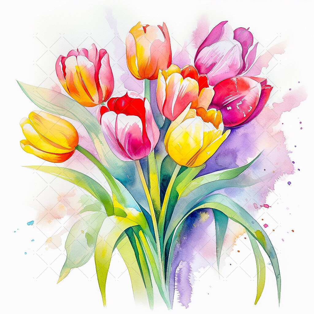 Watercolor Colorful Tulips Flowers Bundle Clipart, 10 High Quality Jpgs ...