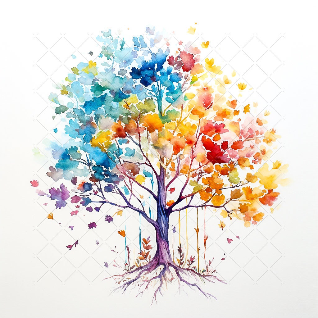 Trees Watercolor Vibrant Bundle Clipart, 10 High Quality Jpgs, Colorful ...