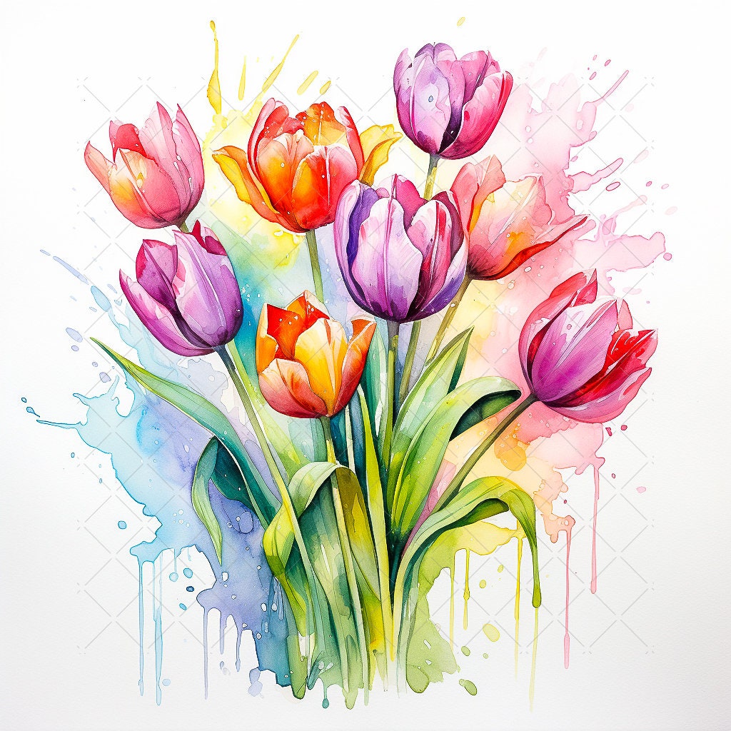Bouquet Watercolor Colorful Tulips Flowers Bundle Clipart, 10 High ...