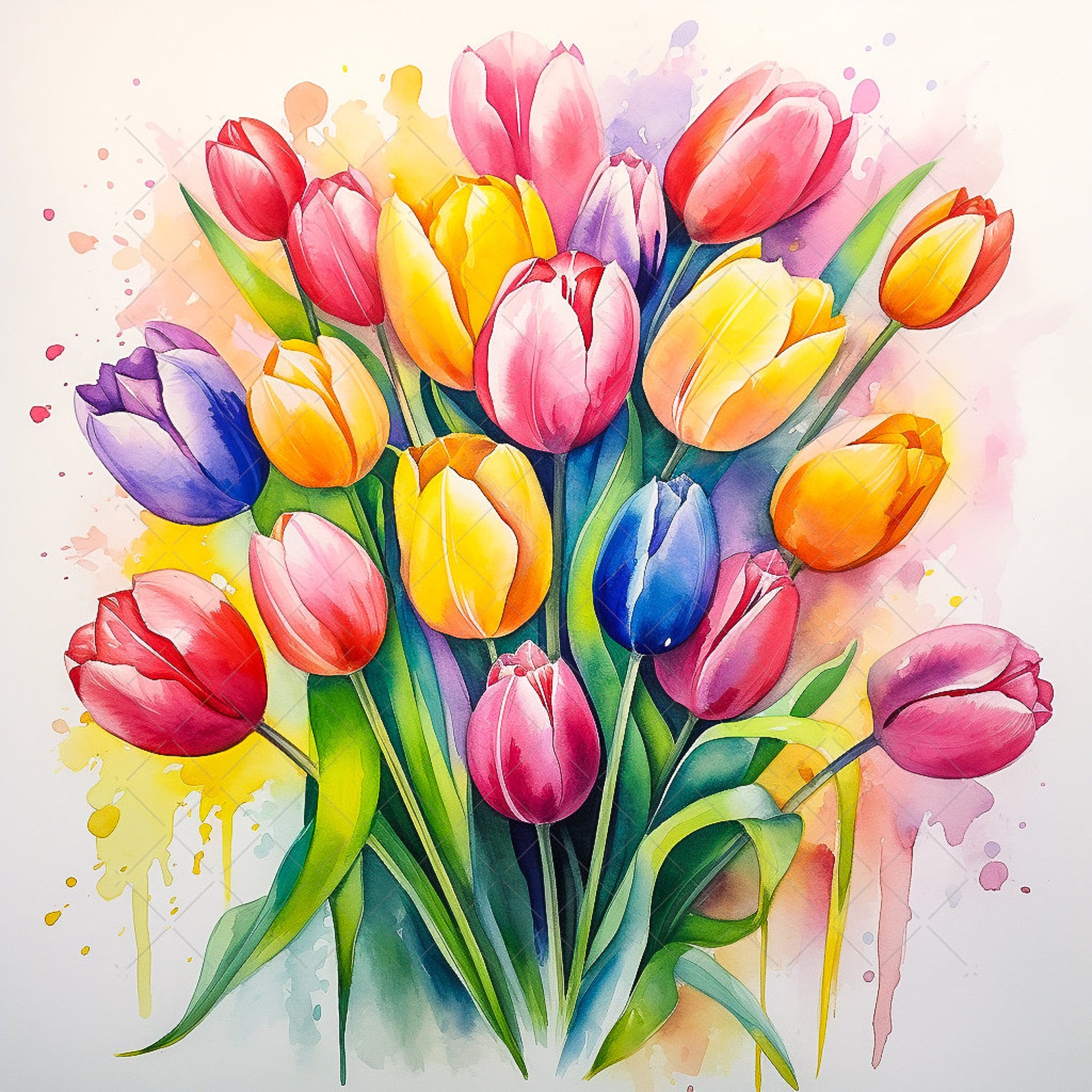 Watercolor Colorful Tulips Flowers Bundle Clipart, 10 High Quality Jpgs ...