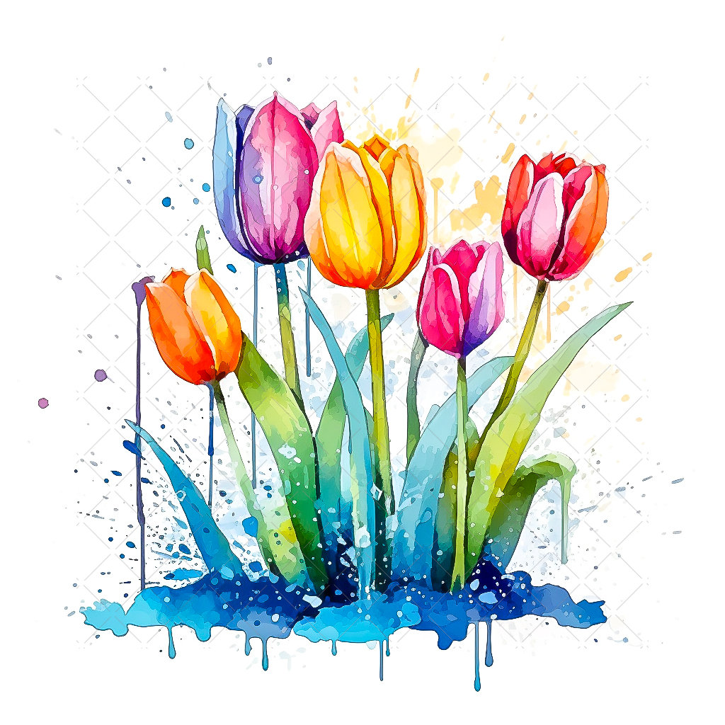Watercolor Colorful Tulips Flowers in Field Bundle Clipart, 10 High ...