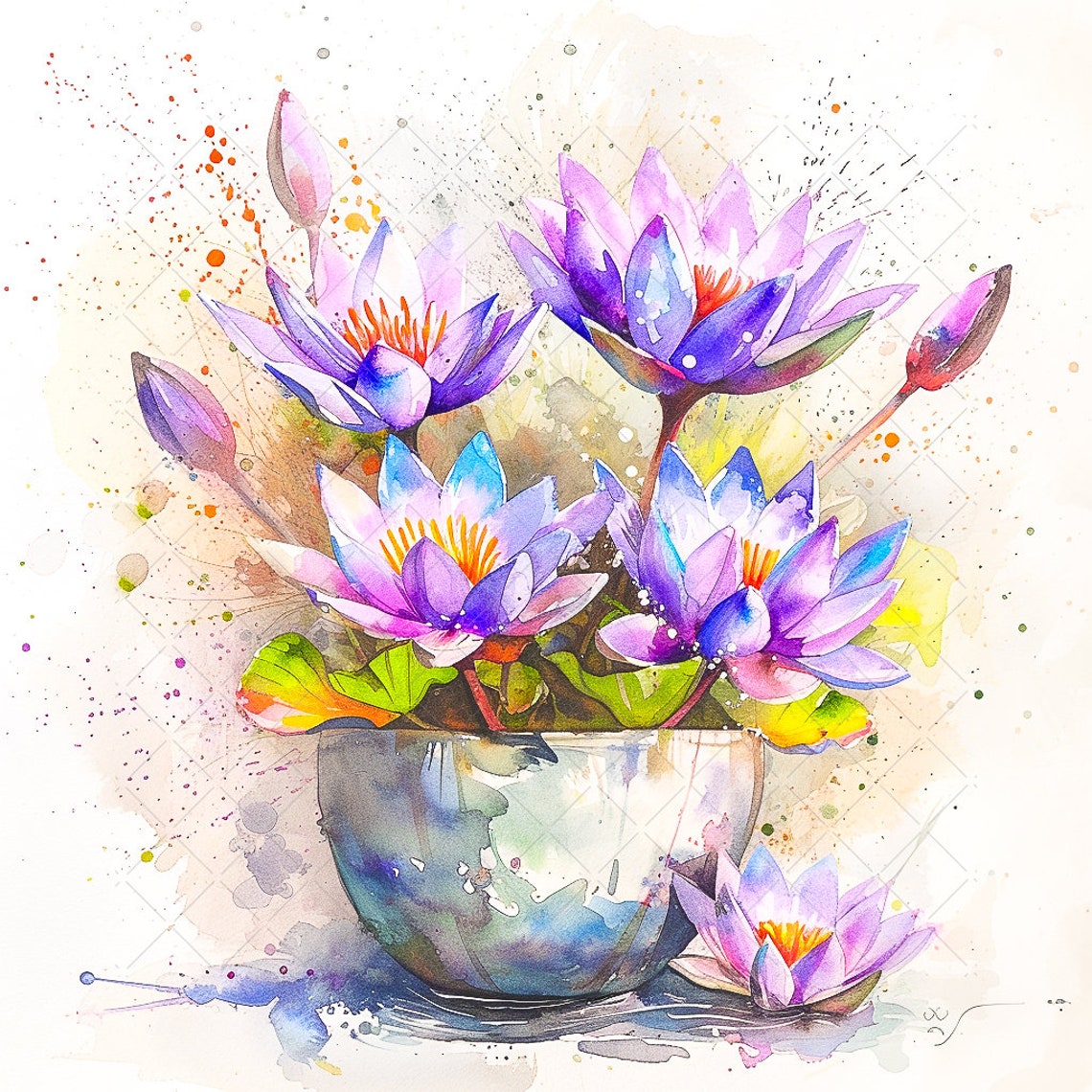Purple Lotus Watercolor Clipart, Floral Bouquet in Vase (digital ...