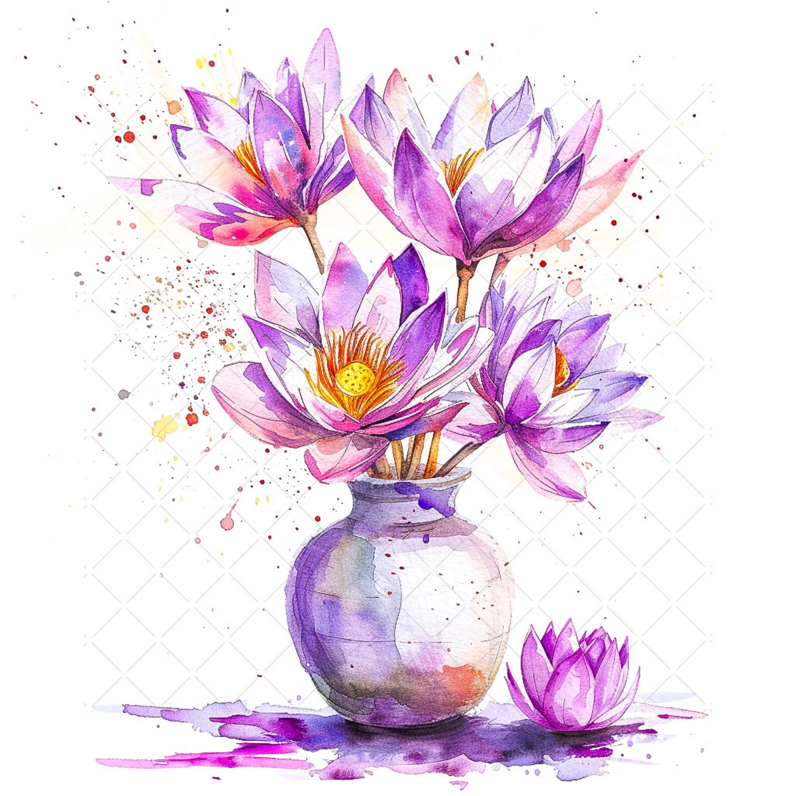 Purple Lotus Watercolor Clipart, Floral Bouquet in Vase (digital ...