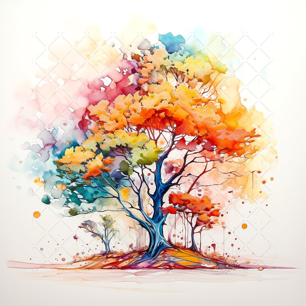 Trees Watercolor Vibrant Bundle Clipart, 10 High Quality Jpgs, Colorful ...