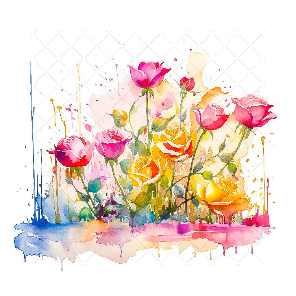 Roses Flowers Watercolor in Field Flowers Bundle Clipart, 10 High ...