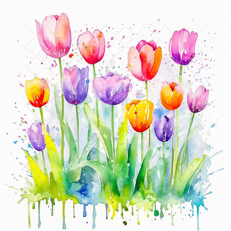 Watercolor Colorful Tulips Flowers in Field Bundle Clipart, 10 High ...