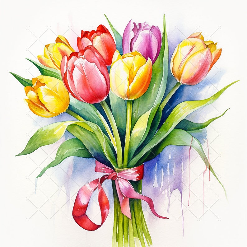 Bouquet Watercolor Colorful Tulips Flowers Bundle Clipart, 10 High ...
