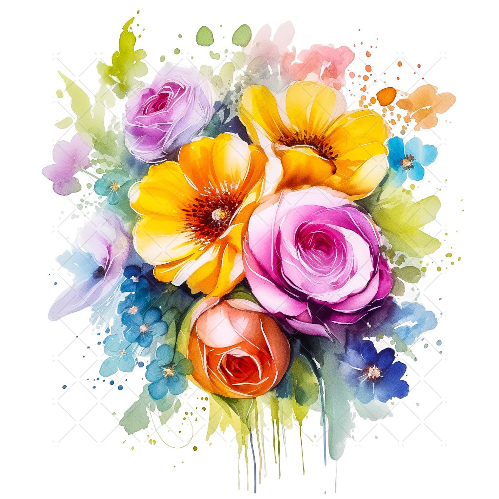 Bouquet Vibrant Watercolor Colorful Flowers Bundle Clipart, 10 High ...