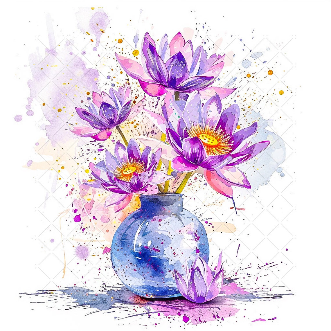 Purple Lotus Watercolor Clipart, Floral Bouquet in Vase (digital ...