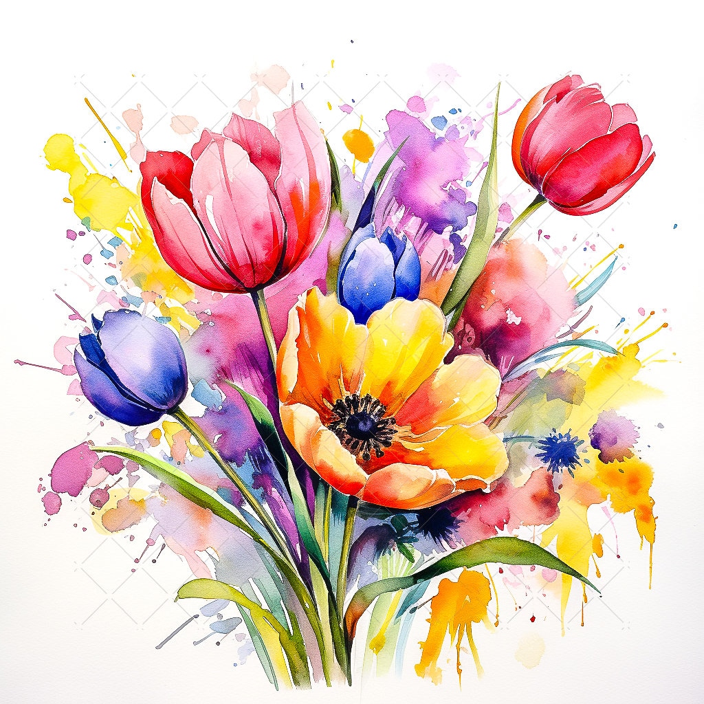 Watercolor Colorful Tulips Flowers Bundle Clipart, 10 High Quality Jpgs ...