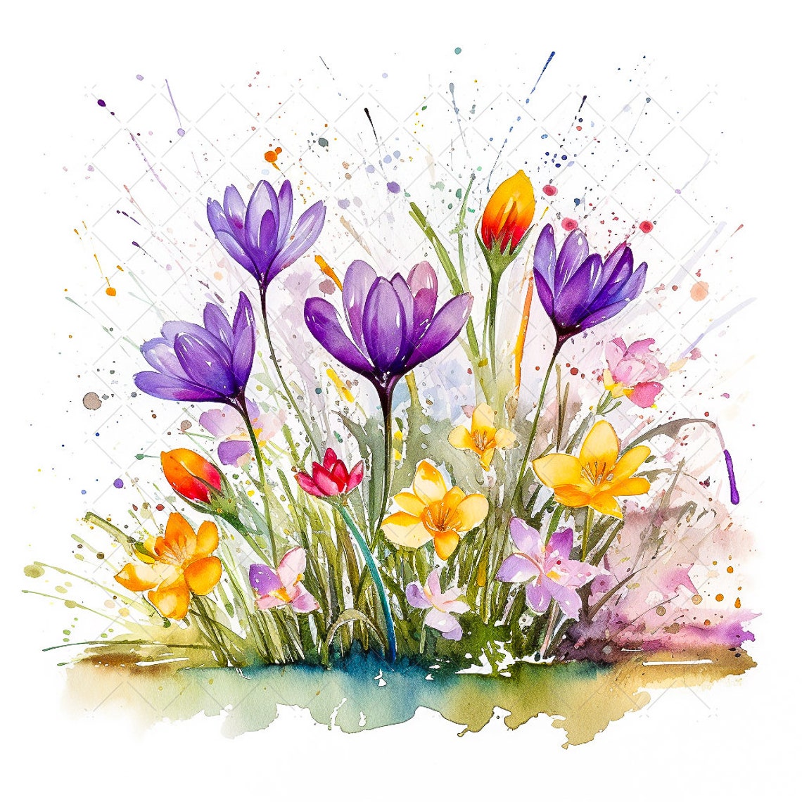Crocus Flowers Watercolor in Flowerbed Bundle Clipart, 10 High Quality ...