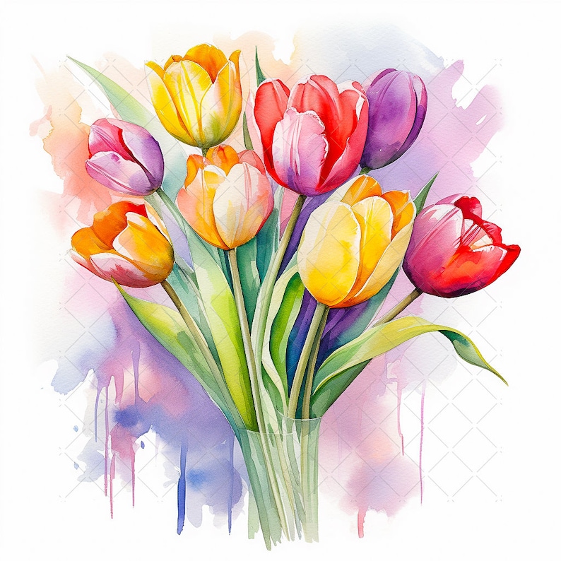 Watercolor Colorful Tulips Flowers Bundle Clipart, 10 High Quality Jpgs ...