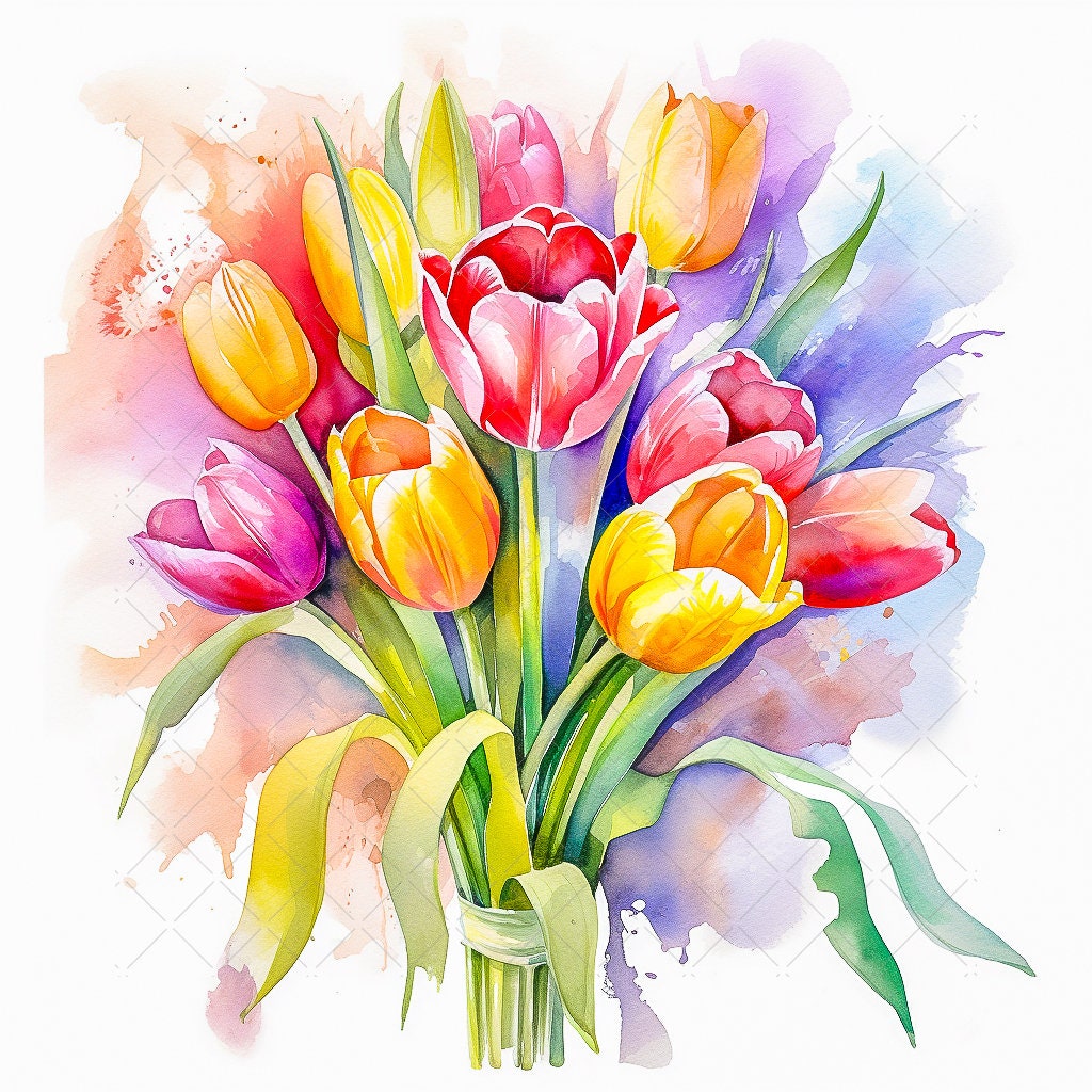 Watercolor Colorful Tulips Flowers Bundle Clipart, 10 High Quality Jpgs ...