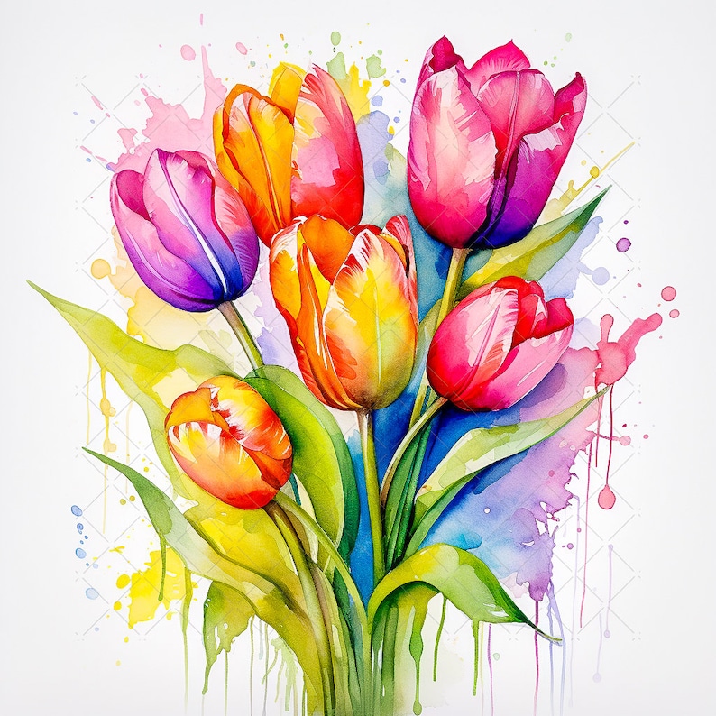 Watercolor Colorful Tulips Flowers Bundle Clipart, 10 High Quality Jpgs ...