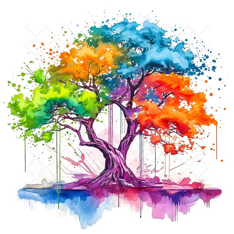 Trees Watercolor Vibrant Bundle Clipart, 10 High Quality Jpgs, Colorful ...