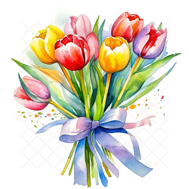 Watercolor Tulip Bouquet Clipart, Vibrant Floral Art (digital Download ...