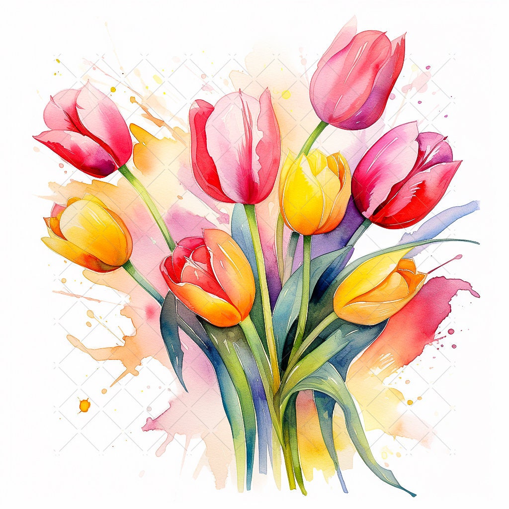 Bouquet Watercolor Colorful Tulips Flowers Bundle Clipart, 10 High ...