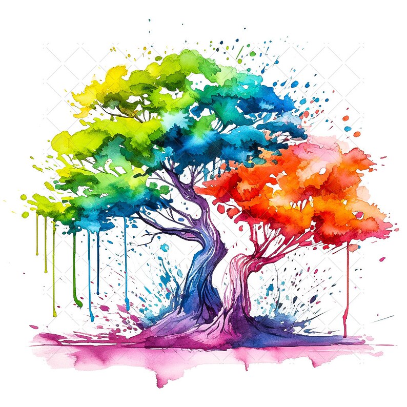 Trees Watercolor Vibrant Bundle Clipart, 10 High Quality Jpgs, Colorful ...