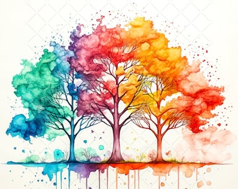 Trees Watercolor Vibrant Bundle Clipart, 10 High Quality Jpgs, Colorful ...
