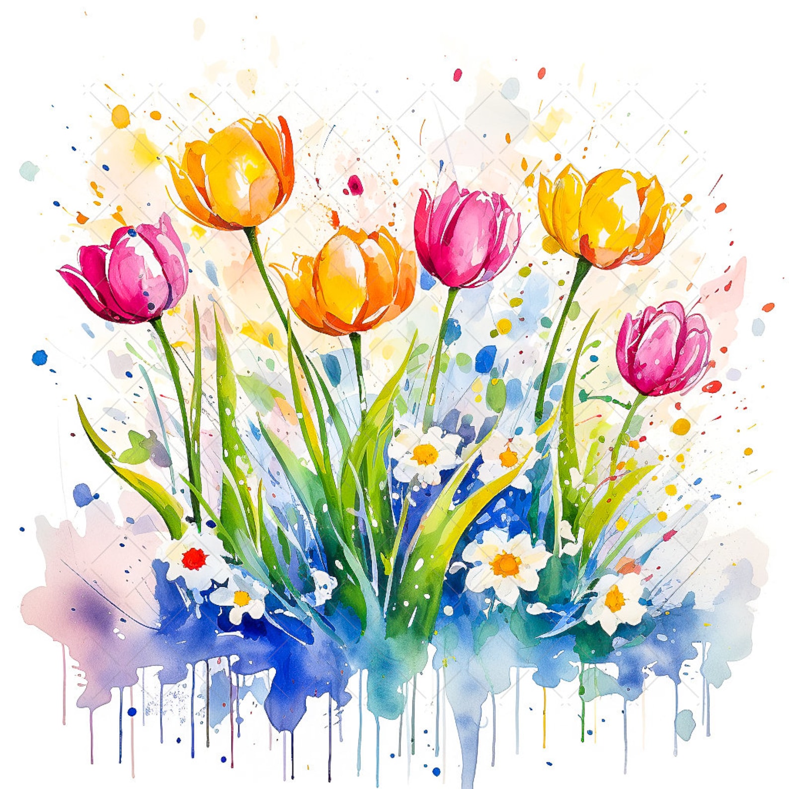 Watercolor Tulips Flowers in Flowerbed Bundle Clipart, 10 High Quality ...