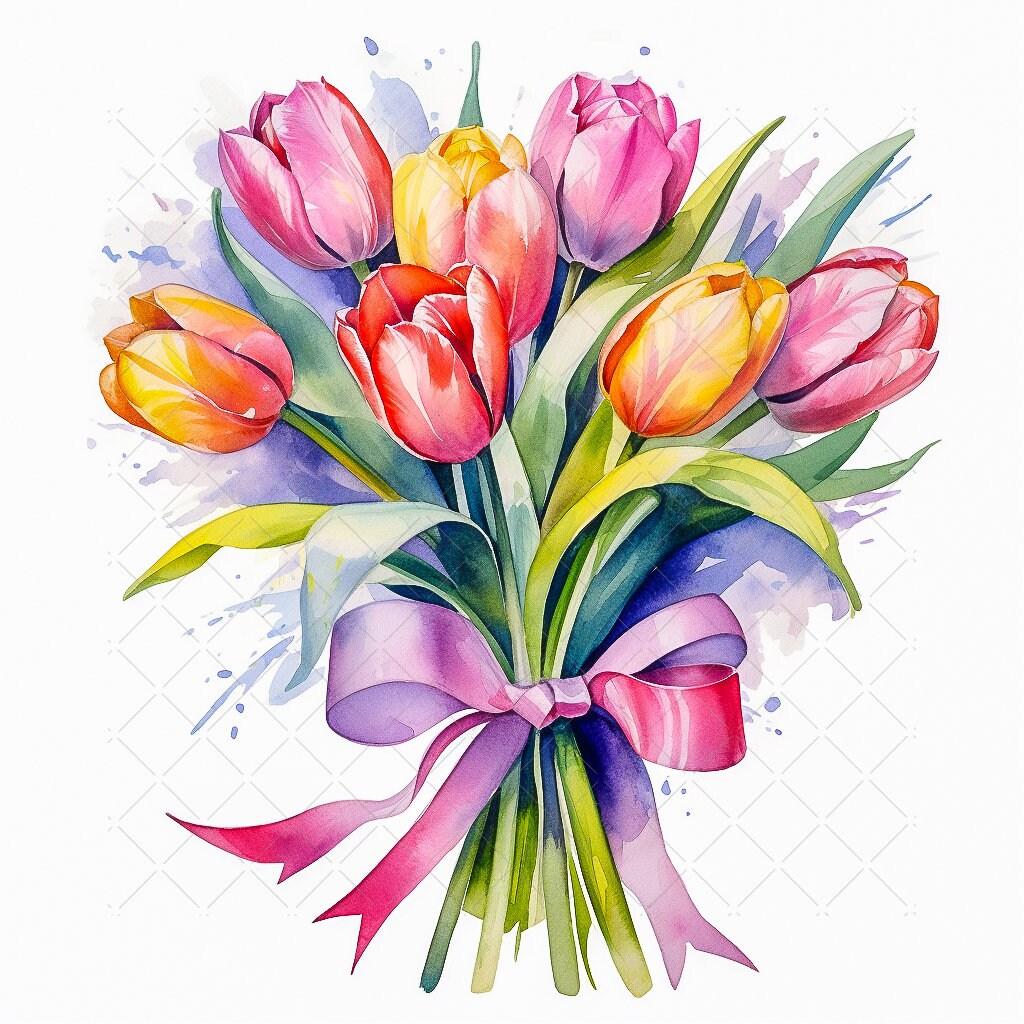 Watercolor Colorful Tulips Flowers Bundle Clipart, 10 High Quality Jpgs ...