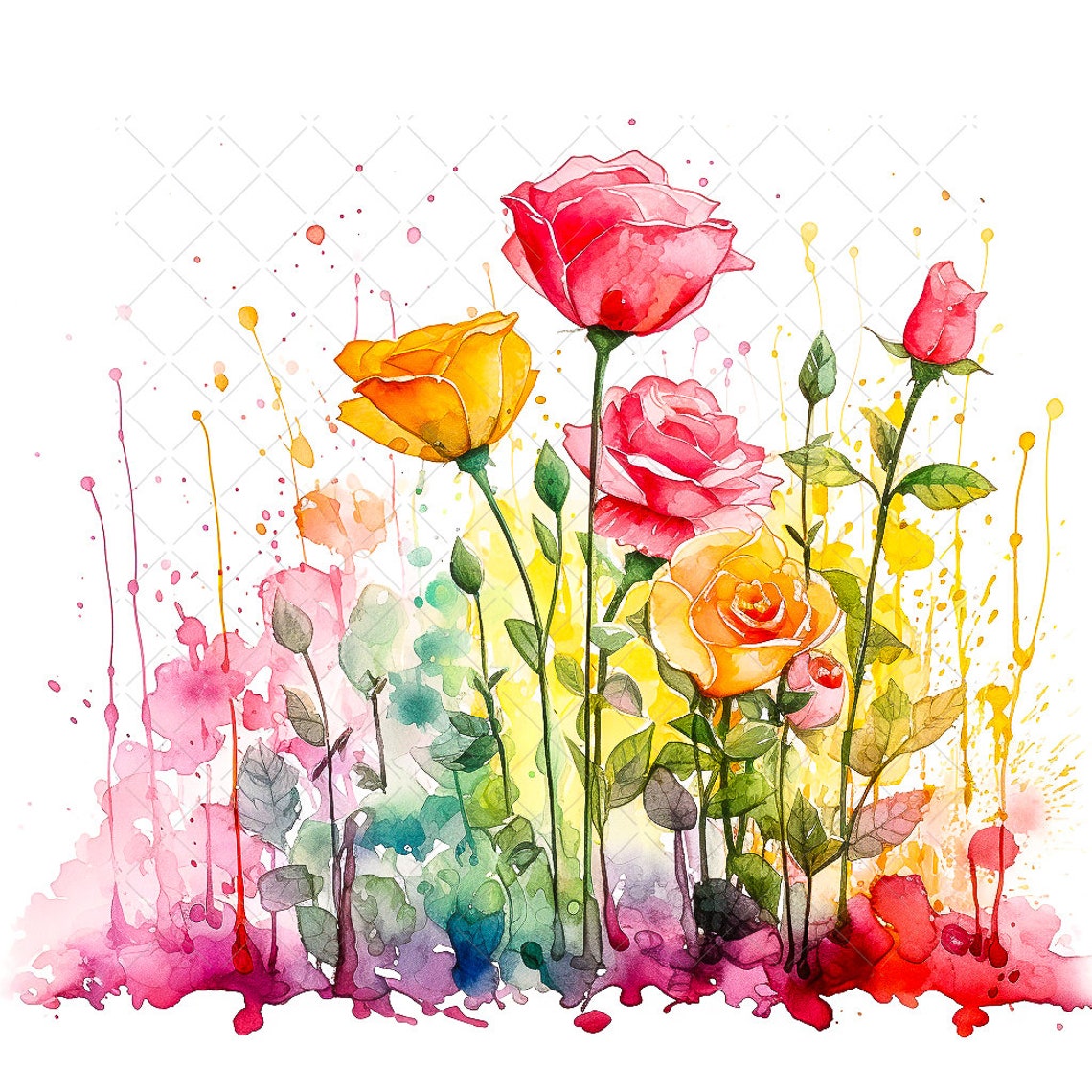 Roses Flowers Watercolor in Field Flowers Bundle Clipart, 10 High ...