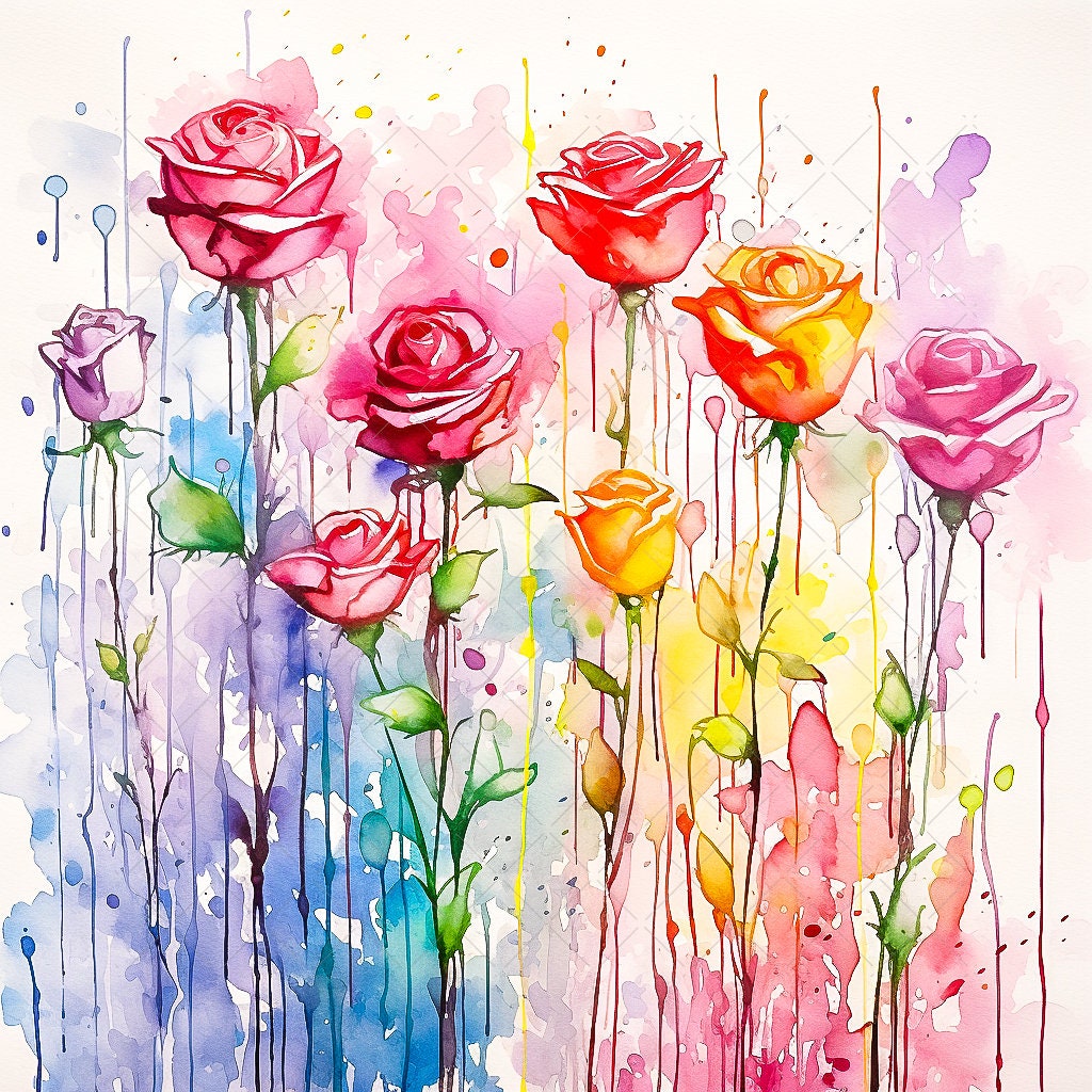 Roses Flowers Watercolor in Field Flowers Bundle Clipart, 10 High ...