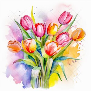 Watercolor Colorful Tulips Flowers Bundle Clipart, 10 High Quality Jpgs ...