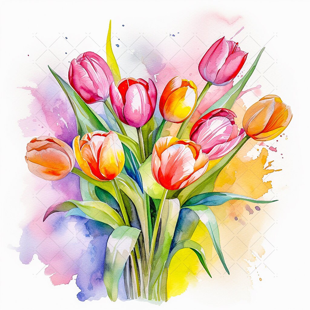 Watercolor Colorful Tulips Flowers Bundle Clipart, 10 High Quality Jpgs ...