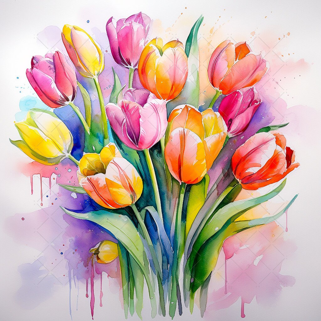 Bouquet Watercolor Colorful Tulips Flowers Bundle Clipart, 10 High ...