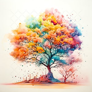 Trees Watercolor Vibrant Bundle Clipart, 10 High Quality Jpgs, Colorful ...