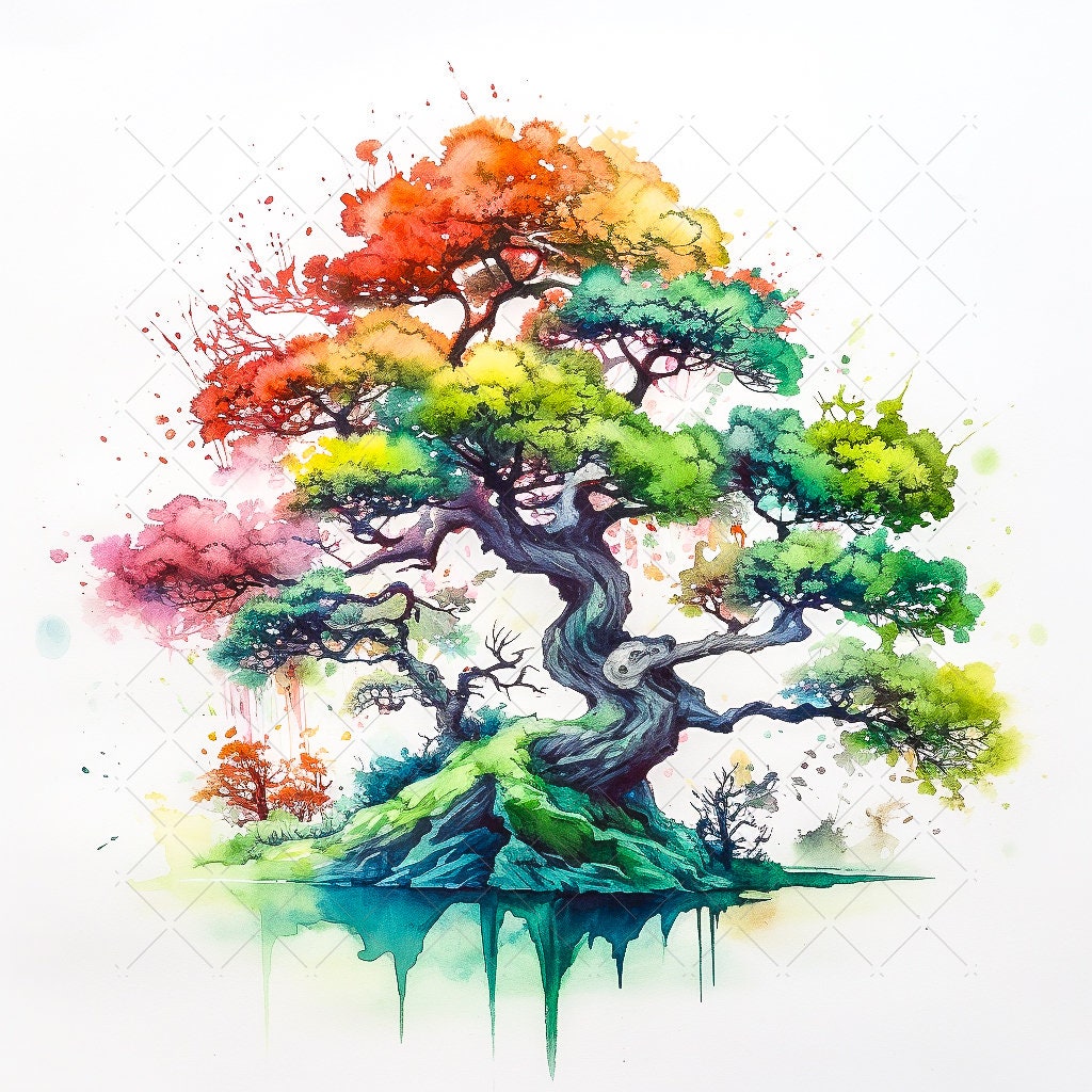 Tree Watercolor Vibrant Bundle Clipart, 10 High Quality Jpgs, Colorful ...