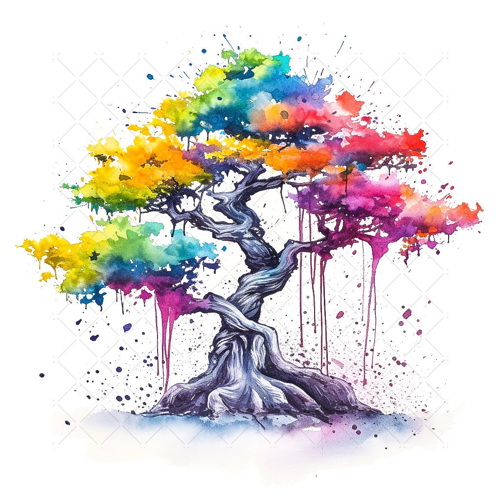 Trees Watercolor Vibrant Bundle Clipart, 10 High Quality Jpgs, Colorful ...