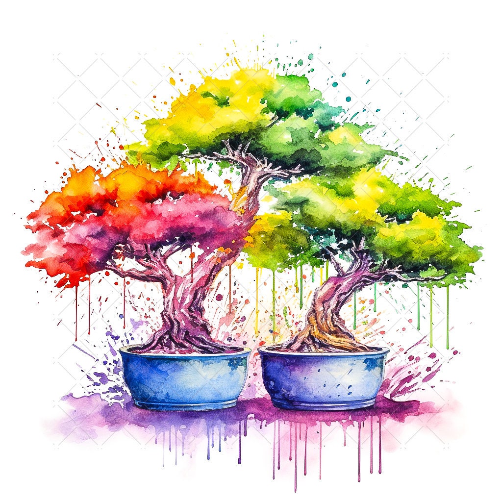 Trees Watercolor Vibrant Bundle Clipart, 10 High Quality Jpgs, Colorful ...