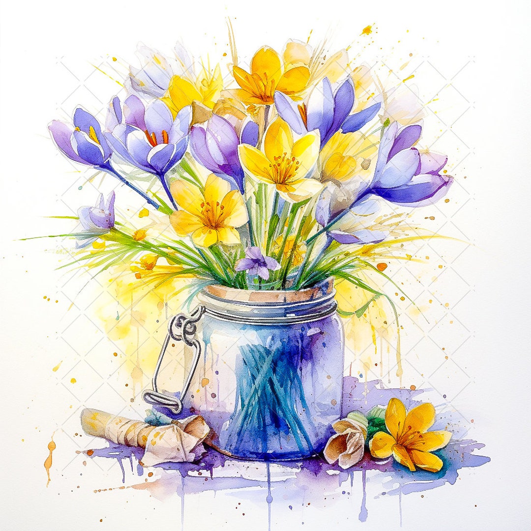 Crocus Flowers Watercolor in Jar Bundle Clipart, 10 High Quality Jpgs ...
