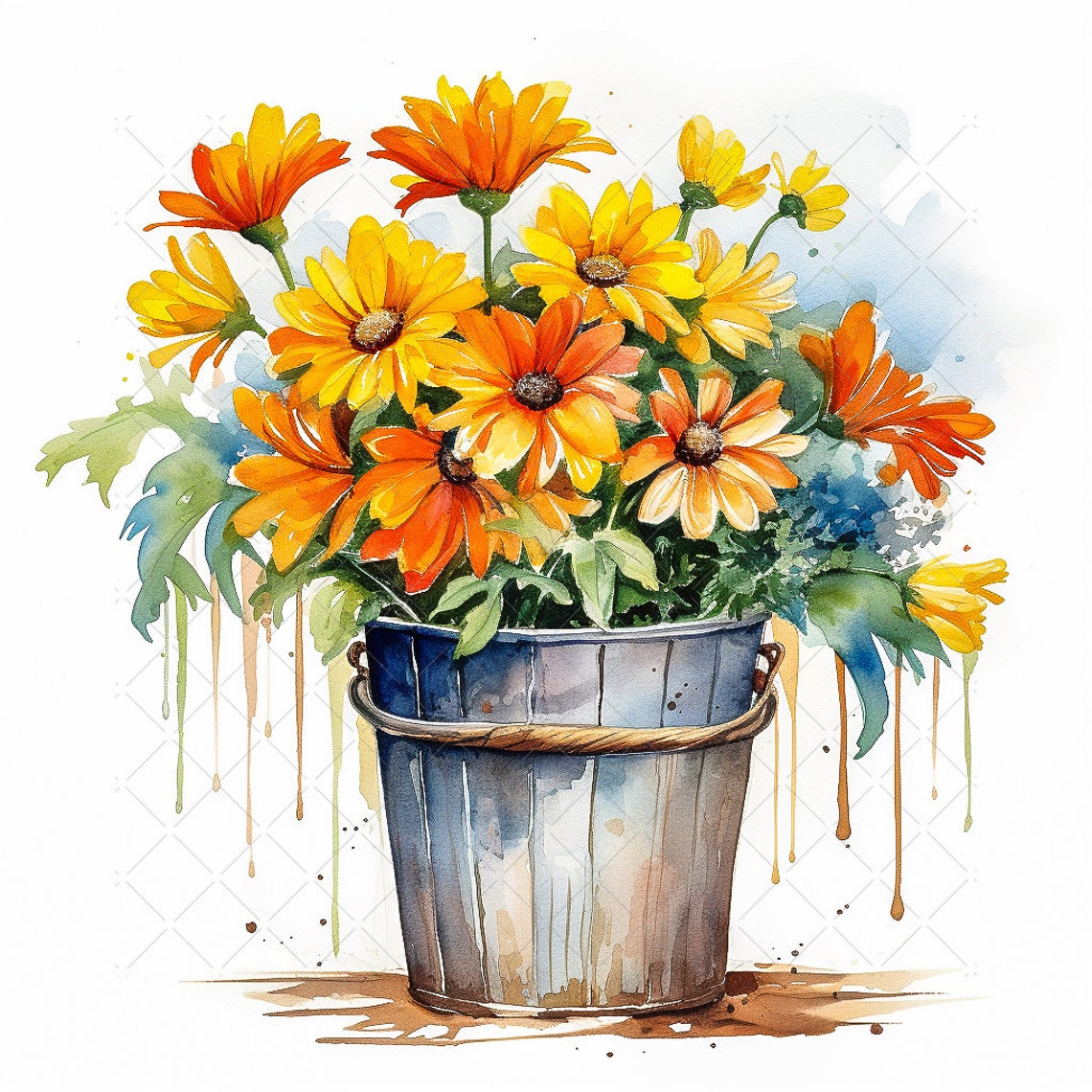 Daisies Flowers in Metal Bucket Bundle Clipart 10 High - Etsy