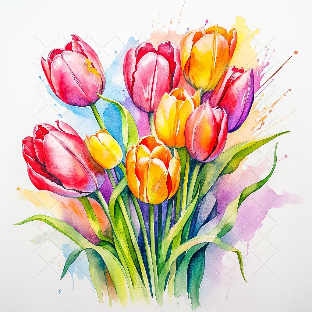 Watercolor Colorful Tulips Flowers Bundle Clipart, 10 High Quality Jpgs ...