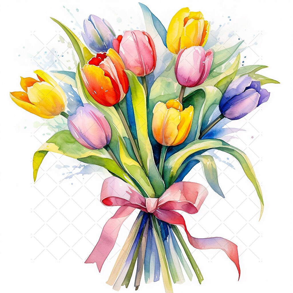 Bouquet Watercolor Colorful Tulips Flowers Bundle Clipart, 10 High ...