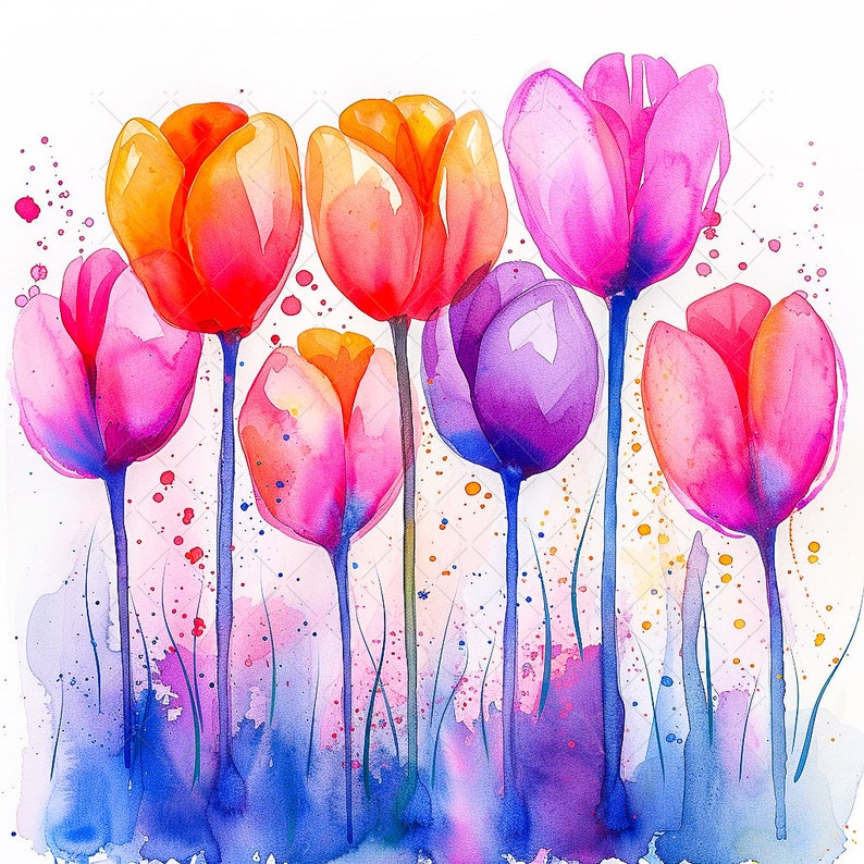 Watercolor Colorful Tulips Flowers in Field Bundle Clipart, 10 High ...