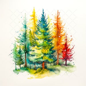 Pine Trees Watercolor Bundle Clipart, 10 High Quality Jpgs, Colorful ...