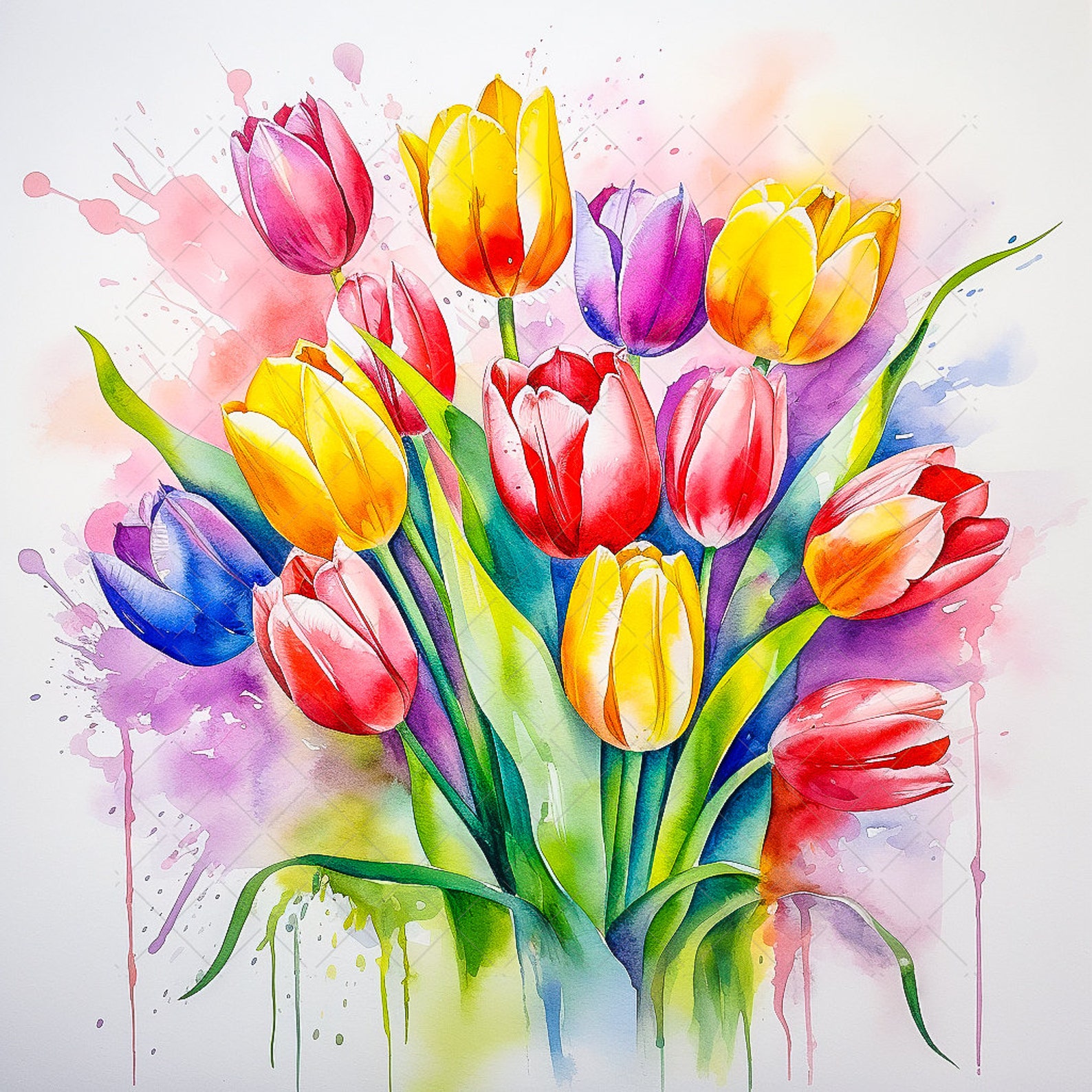 Watercolor Colorful Tulips Flowers Bundle Clipart, 10 High Quality Jpgs ...