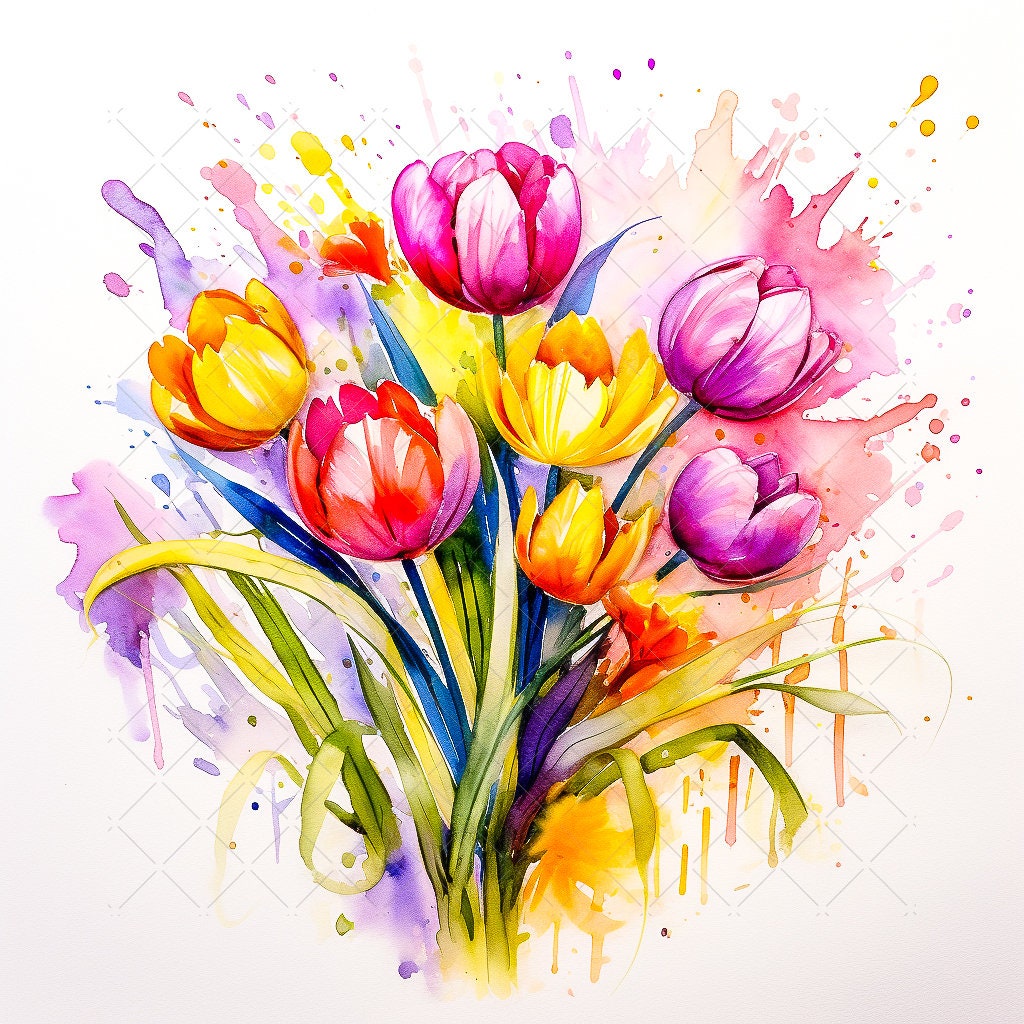 Watercolor Tulip Bouquet Clipart, Vibrant Floral Art (digital Download ...